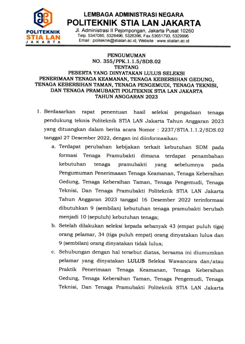 PENGUMUMAN PESERTA YANG DINYATAKAN LULUS SELEKSI PENERIMAAN TENAGA ...