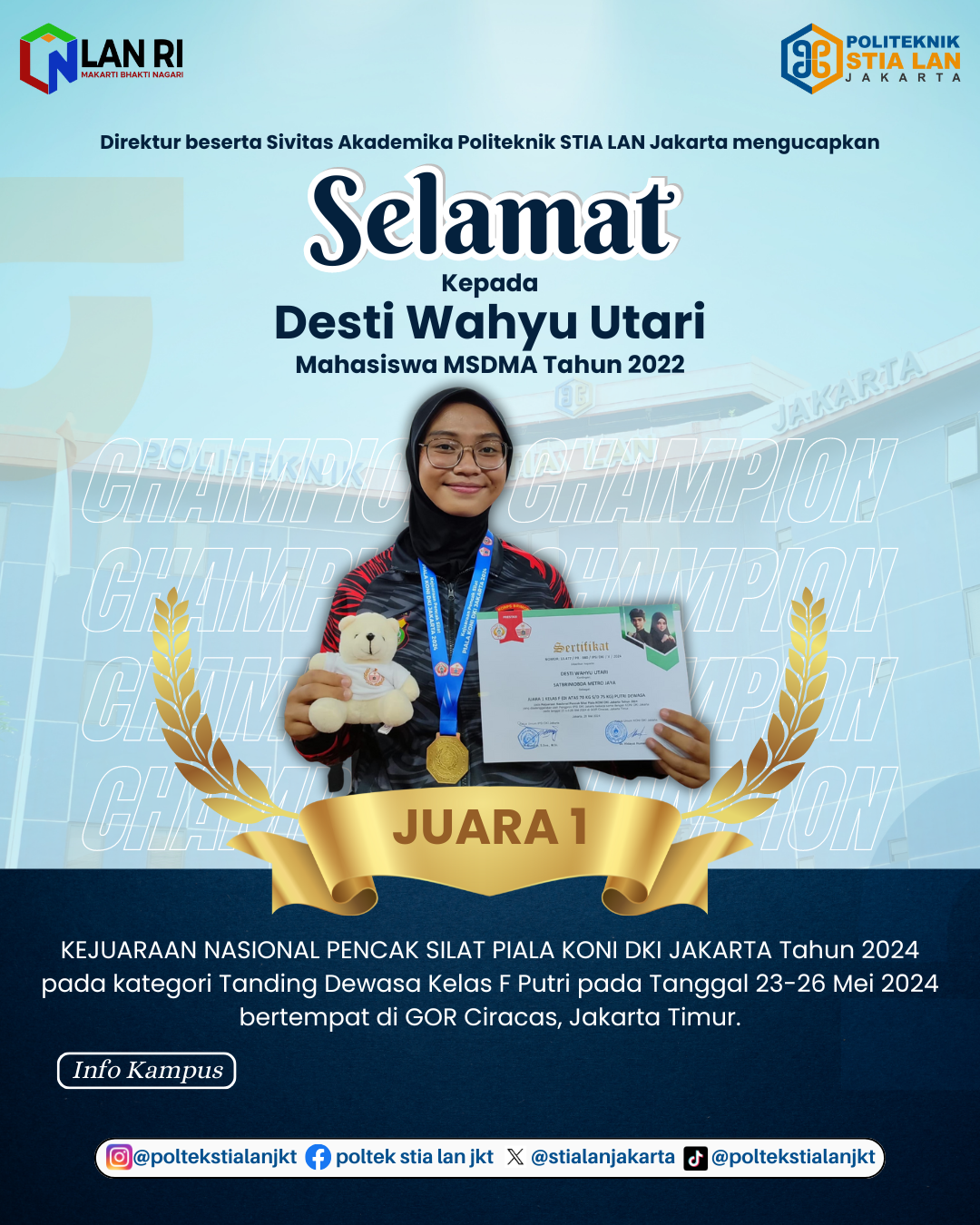 Selamat Kepada Desti Wahyu Utari : Juara 1 Pencak Silat Piala KONI DKI ... Selamat Kepada Desti Wahyu Utari : Juara 1 Pencak Silat Piala KONI DKI ...